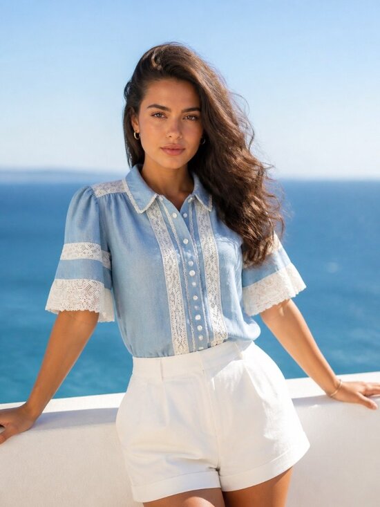Caroline Constas | Tops | Nwt Caroline Constas Blue Linen Lace Blouse ...